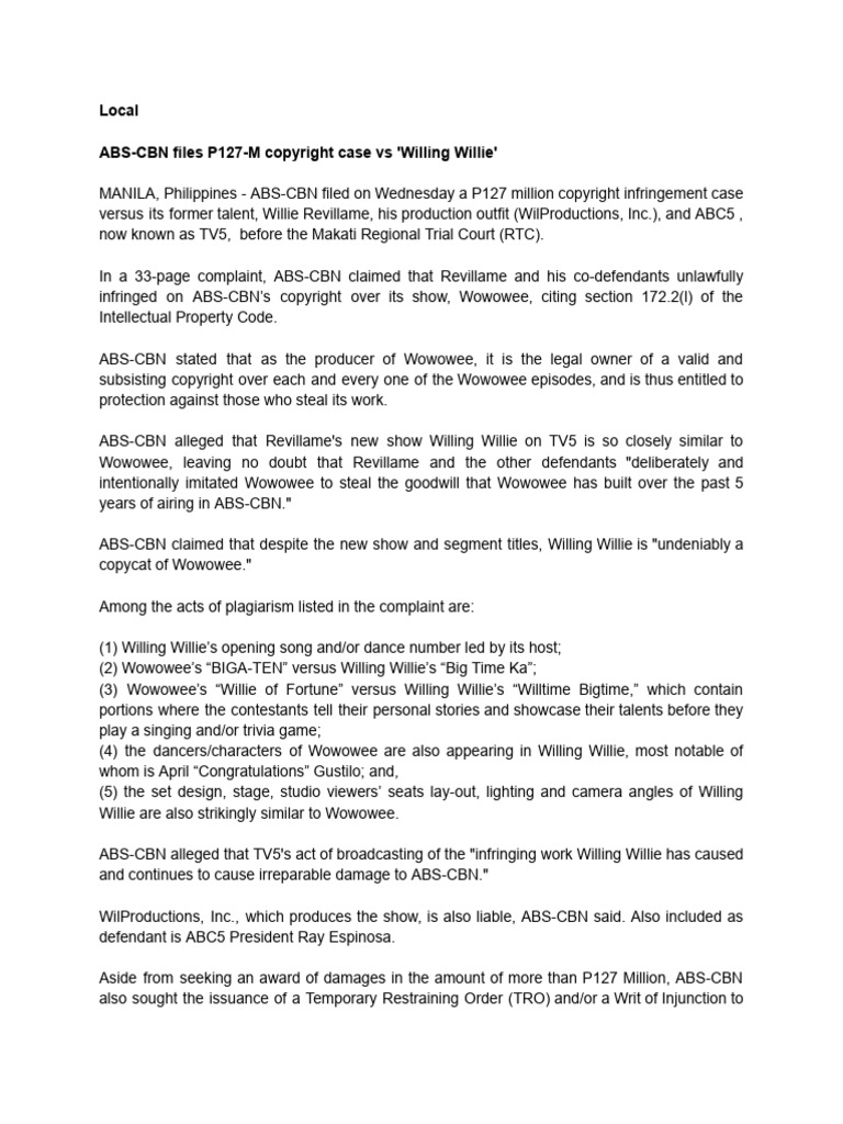 ABS-CBN's P127M Case vs Willie Revillame | PDF | Apple Inc.