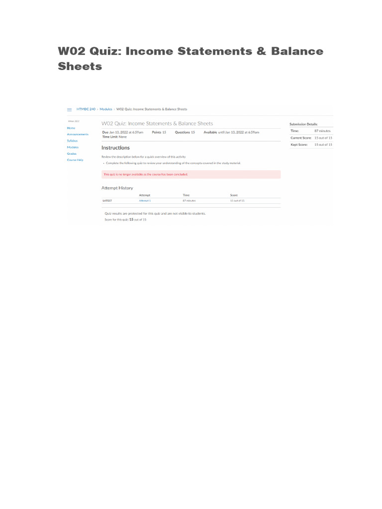 W02 QuizIncome Statements Balance Sheets | PDF | Finance & Money Management