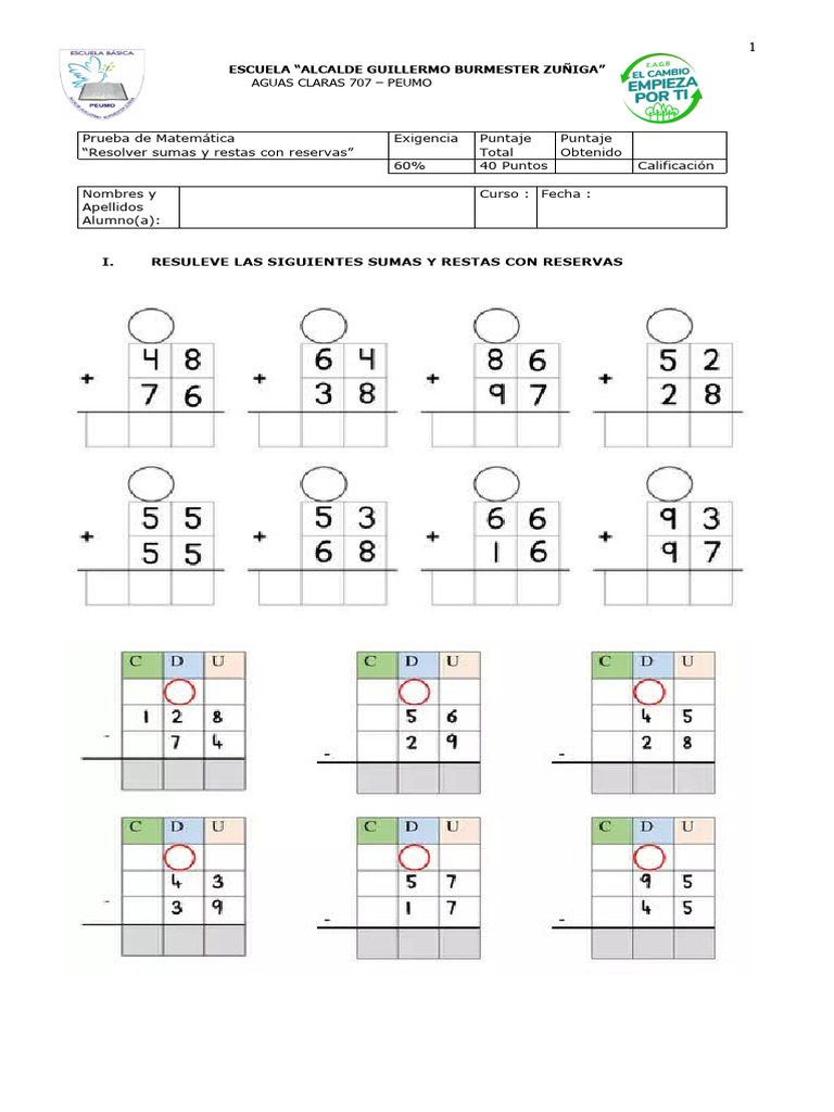 Prueba Matemática: Sumas y Restas | PDF