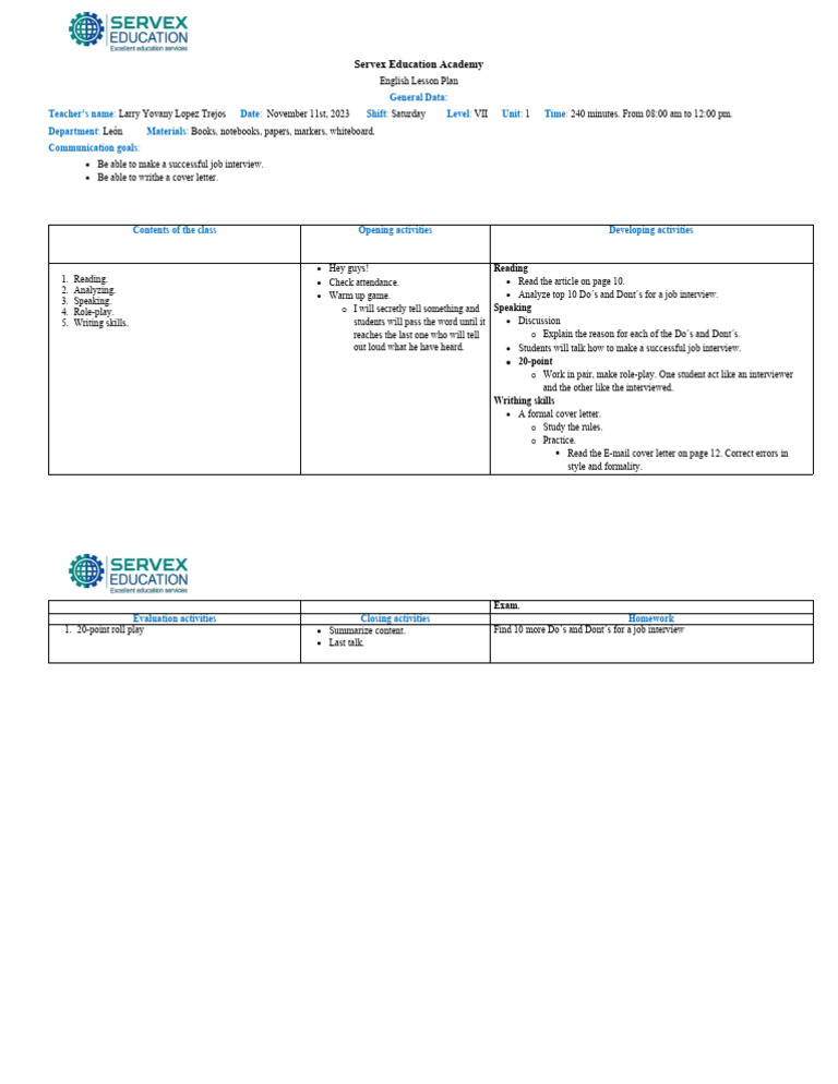 Lesson Plan November 11st XII Level | PDF | Job Interview | Lesson Plan