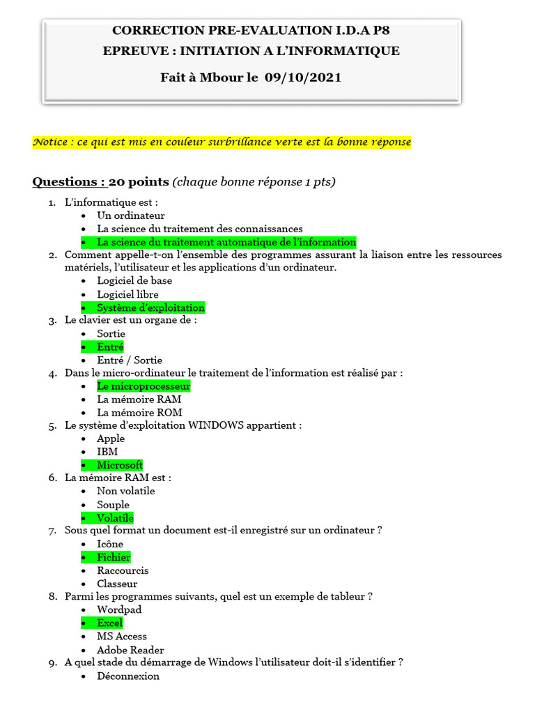Correction QCM Initiation Informatique | PDF | Microsoft Windows ...