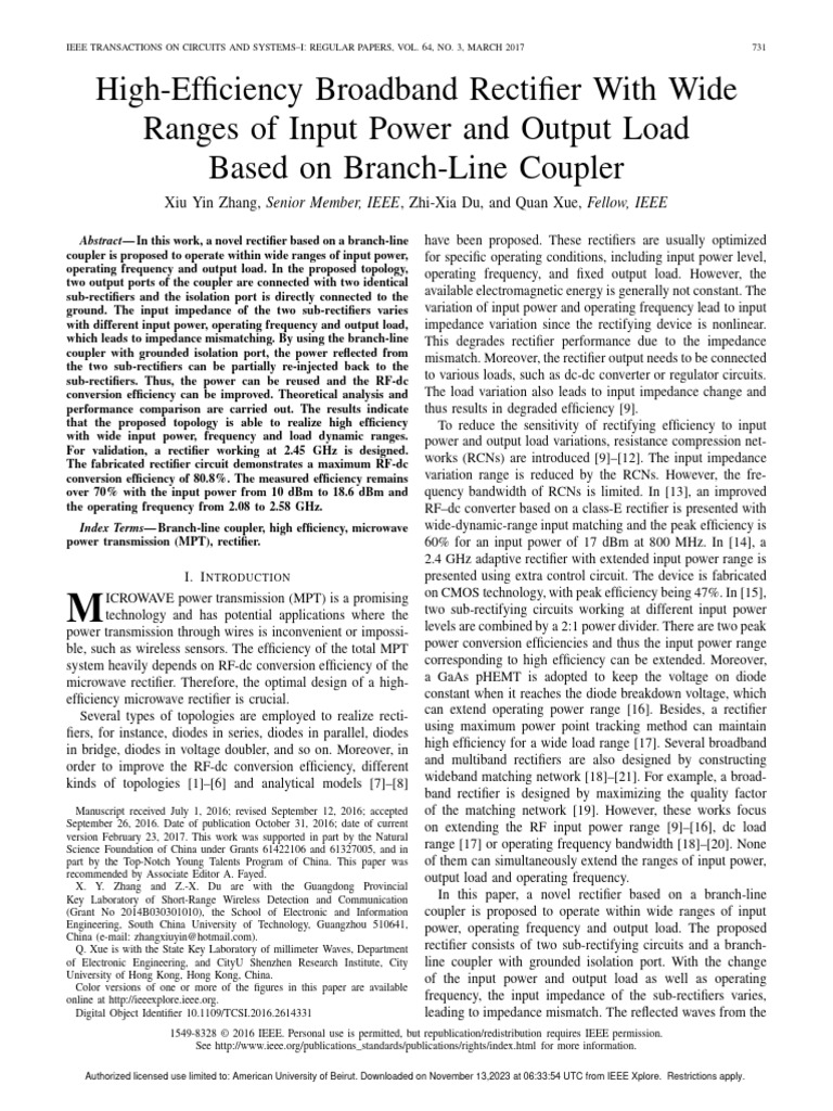 High-Efficiency Broadband Rectifier With Wide Ranges of Input Power and Output Load Based On ...