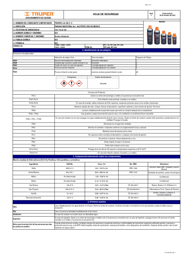 MSDS-41 Hoja de Seguridad Aflojatodo Truper | PDF | Química | Ciencias fisicas