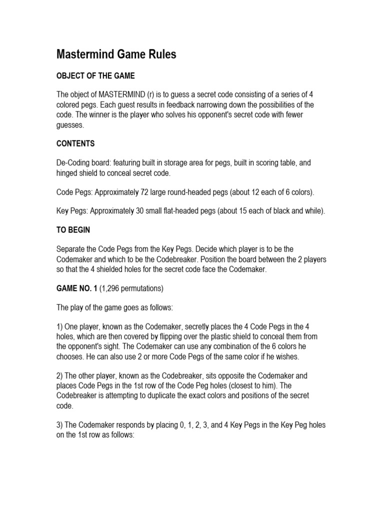 Mastermind Rules | PDF | Gaming | Games Of Mental Skill