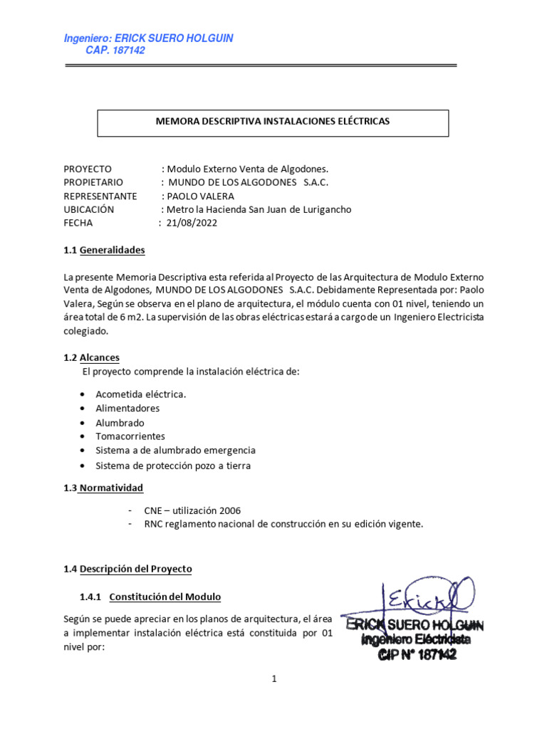 Memoria Descriptiva y Certificado de Habilidad IIEE | PDF | Cobre | Conductor electrico