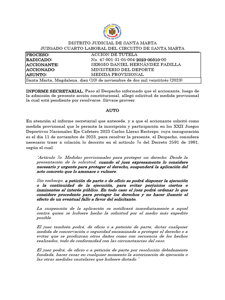 2023-11-10 Auto Resuleve Medida Provisional Tutela Rad. 2023-310 | PDF ...