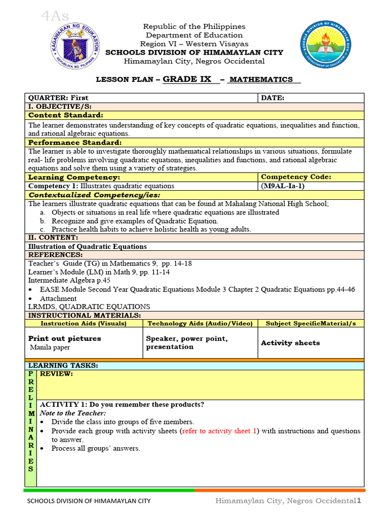 q1 LP in Math 9-1 | PDF | Equations | Mathematics