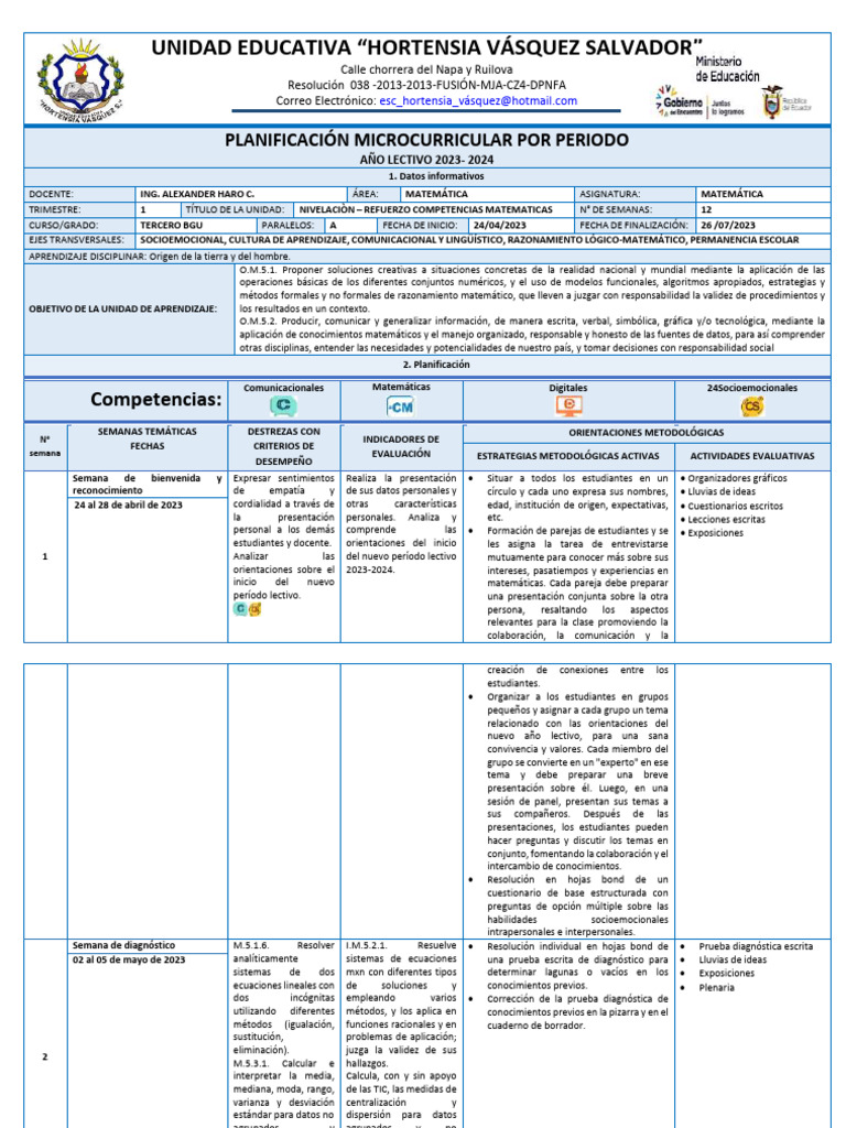Plan Micro Mate Tercero | PDF | Matriz (Matemáticas) | Determinante