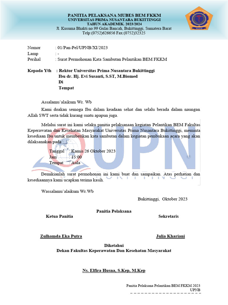 Surat Undangan Pelantikan Bem FKKM 2021 | PDF