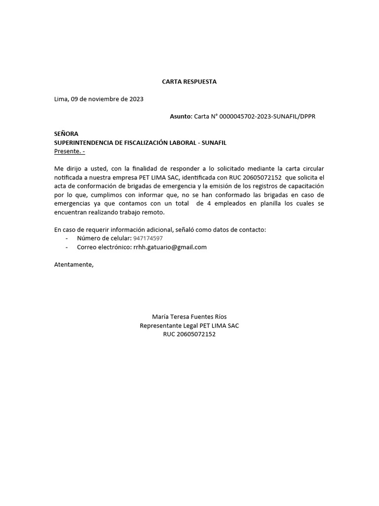 Modelo de Carta Respuesta Pet Lima | PDF