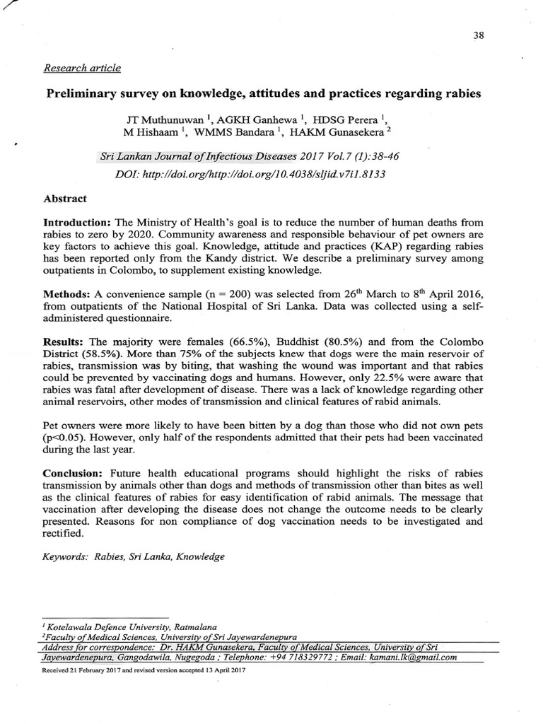 Preliminary Survey On Knowledge, Attitudes and Practices Regarding Rabies | PDF | Rabies ...