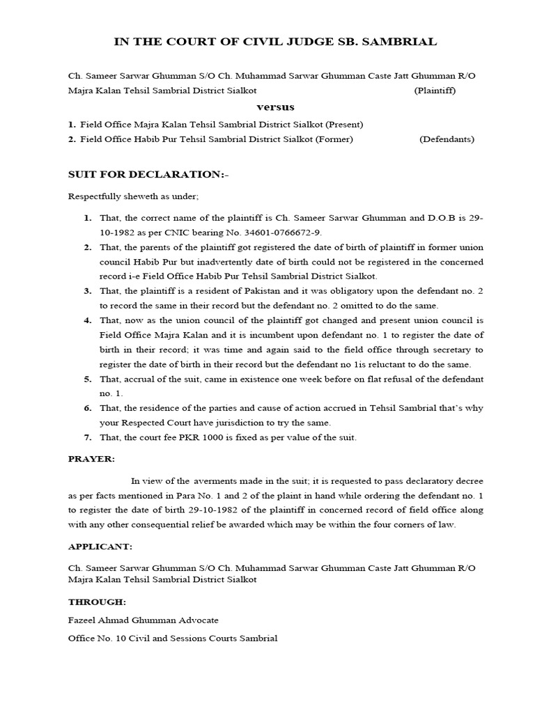 In The Court of Civil Judge Sb. Sambrial: Suit For Declaration | PDF