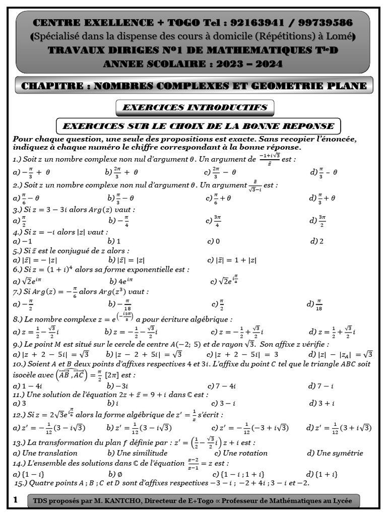 TD E+ Nombres Complexes 2023 | PDF | Nombre complexe | Arithmétique