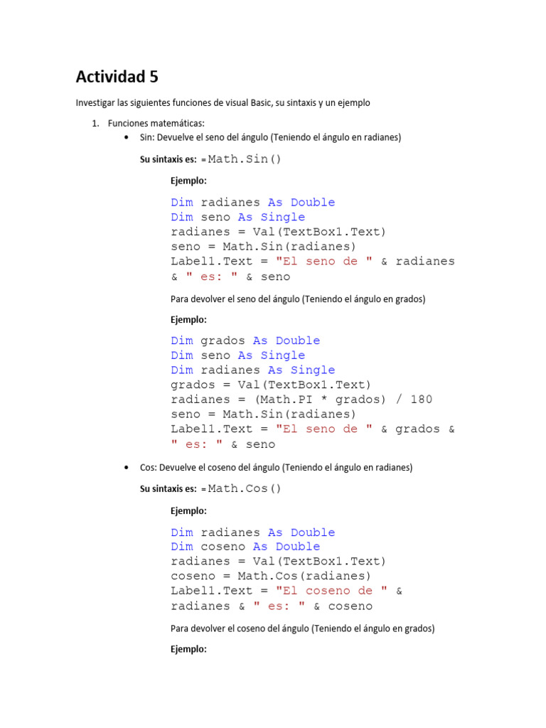Funciones de Visual Basic: Ejemplos y Sintaxis | PDF | Funciones trigonométricas | Cadena ...
