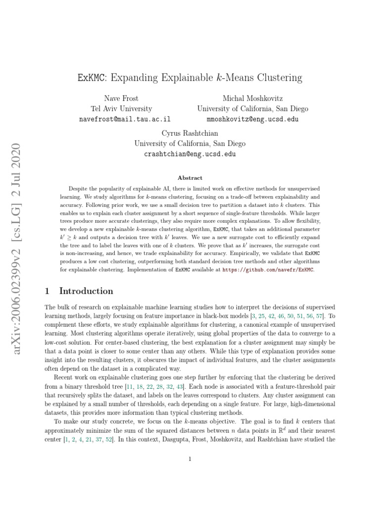 Exkmc: Expanding Explainable K-Means Clustering | PDF | Cluster Analysis | Machine Learning
