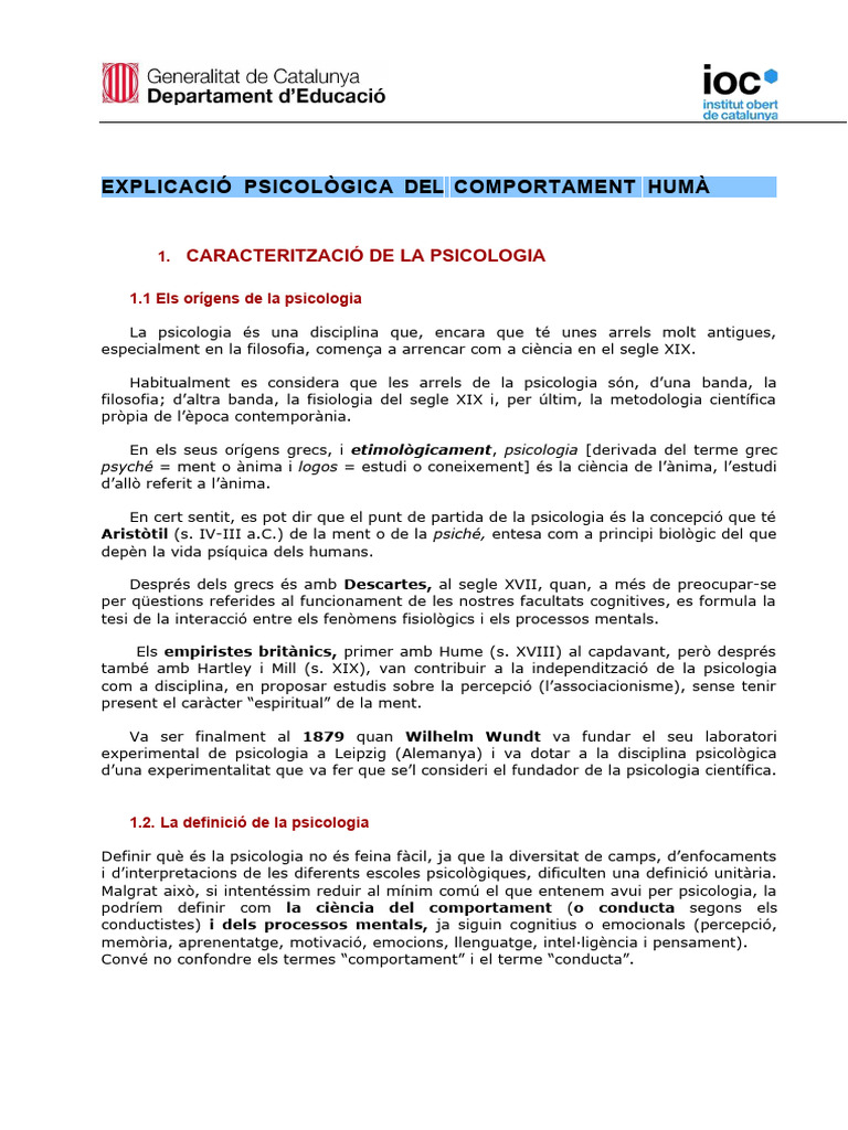 0tema 1. Explicació Psicològica Del Comportament Humà | PDF