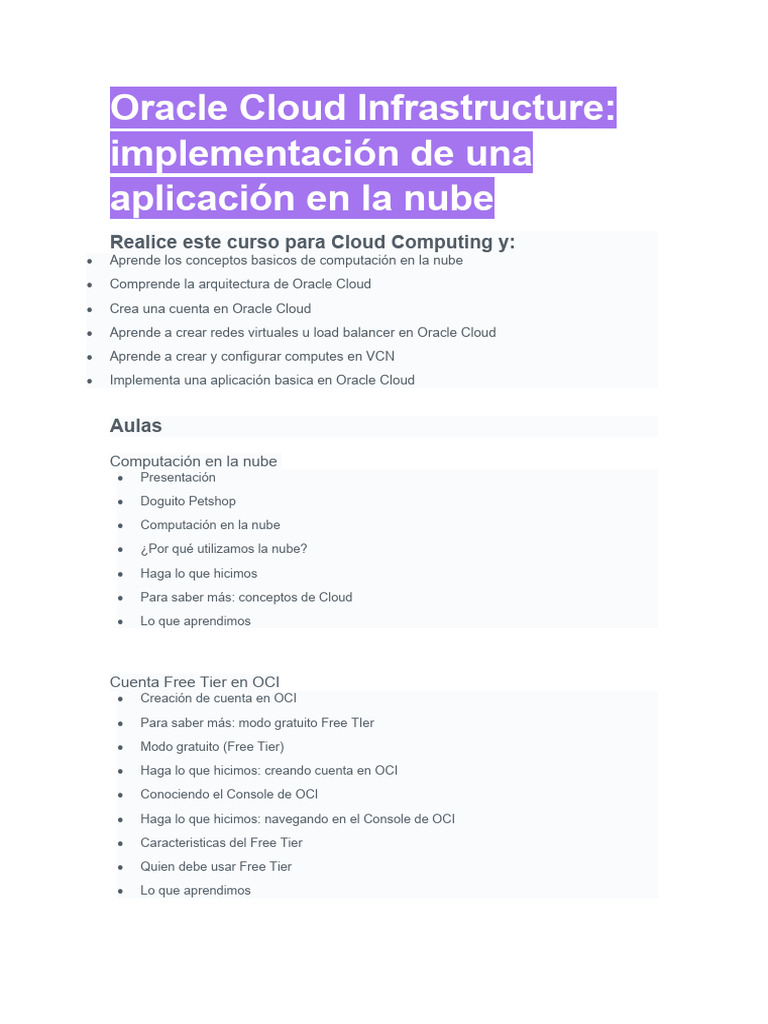 Oracle Cloud Infrastructure implementación de una aplicación en la nube | PDF | Computación en ...