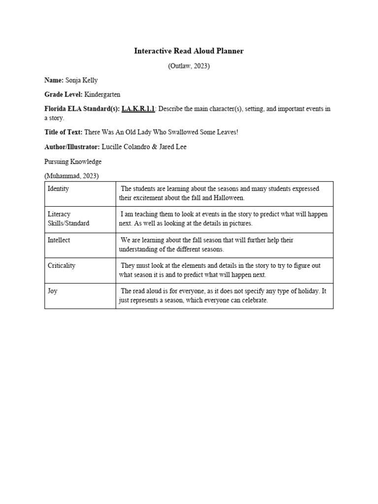 sonja kelly- lesson plan for read aloud | PDF | Reading Comprehension ...