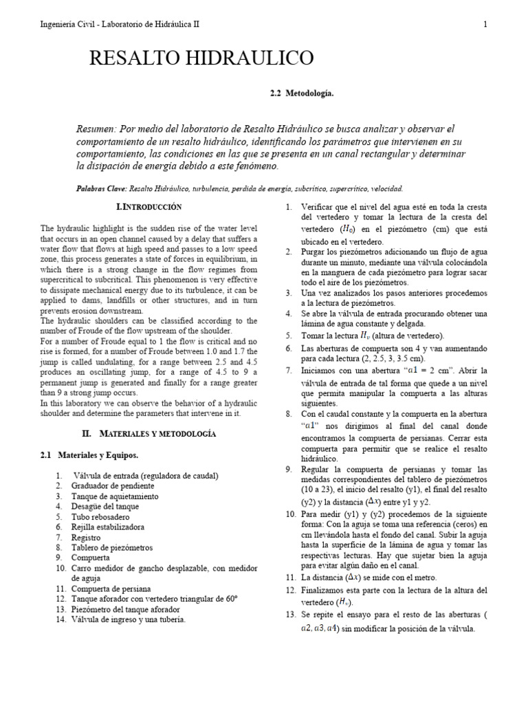 Informe Flujo Resalto Hidraulica 2 | PDF | Mecánica de fluidos | Hidráulica