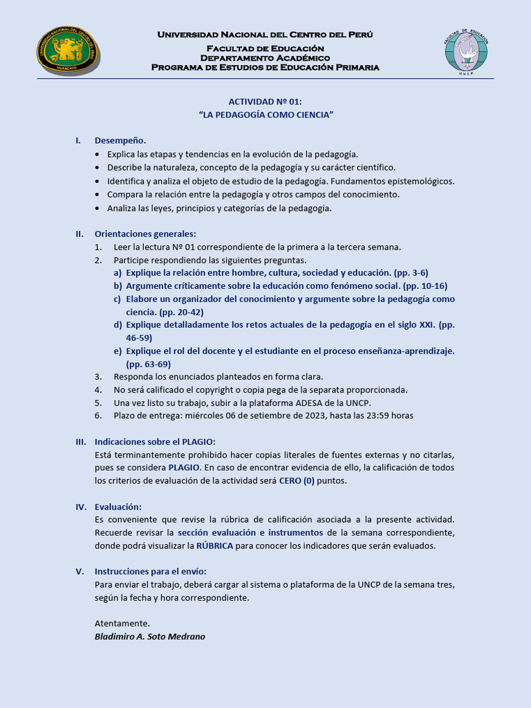 Actividad 01 Pedagogía Como Ciencia EP-FE-UNCP 2023-II Okey | Descargar ...