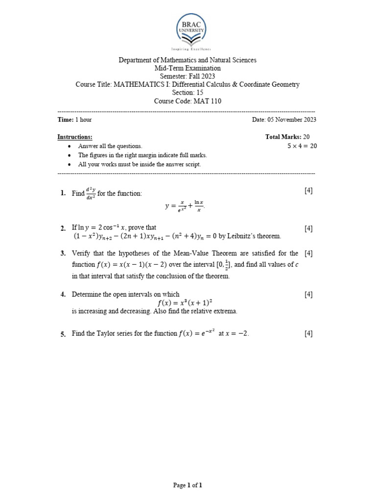 MAT 110 Midterm Questions - Section 15 | PDF