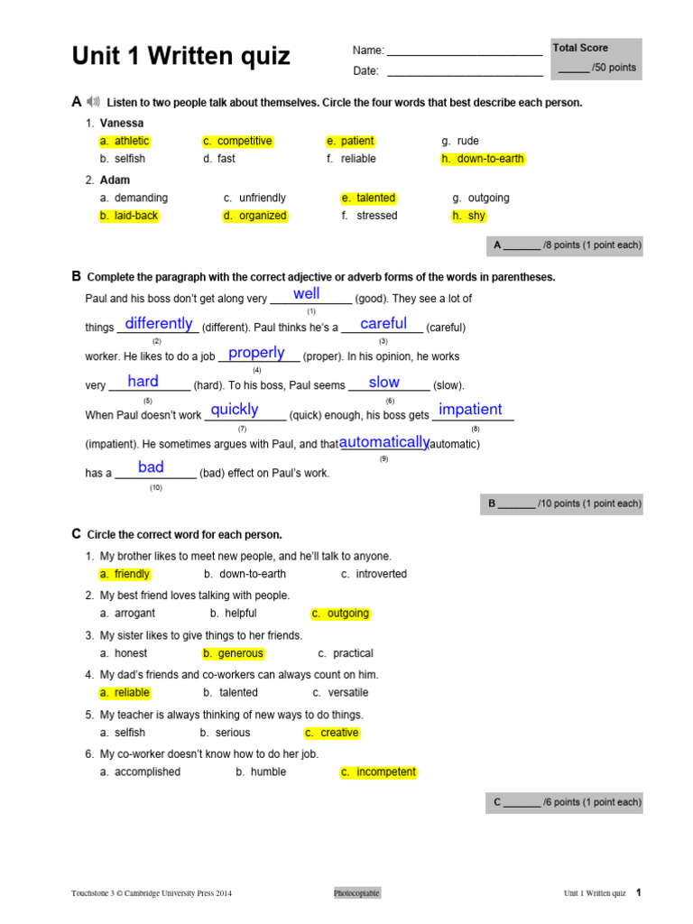 Touchstone 3 - 2nd Edition Quiz Unit 1 Answer | PDF | Syntax | Grammar