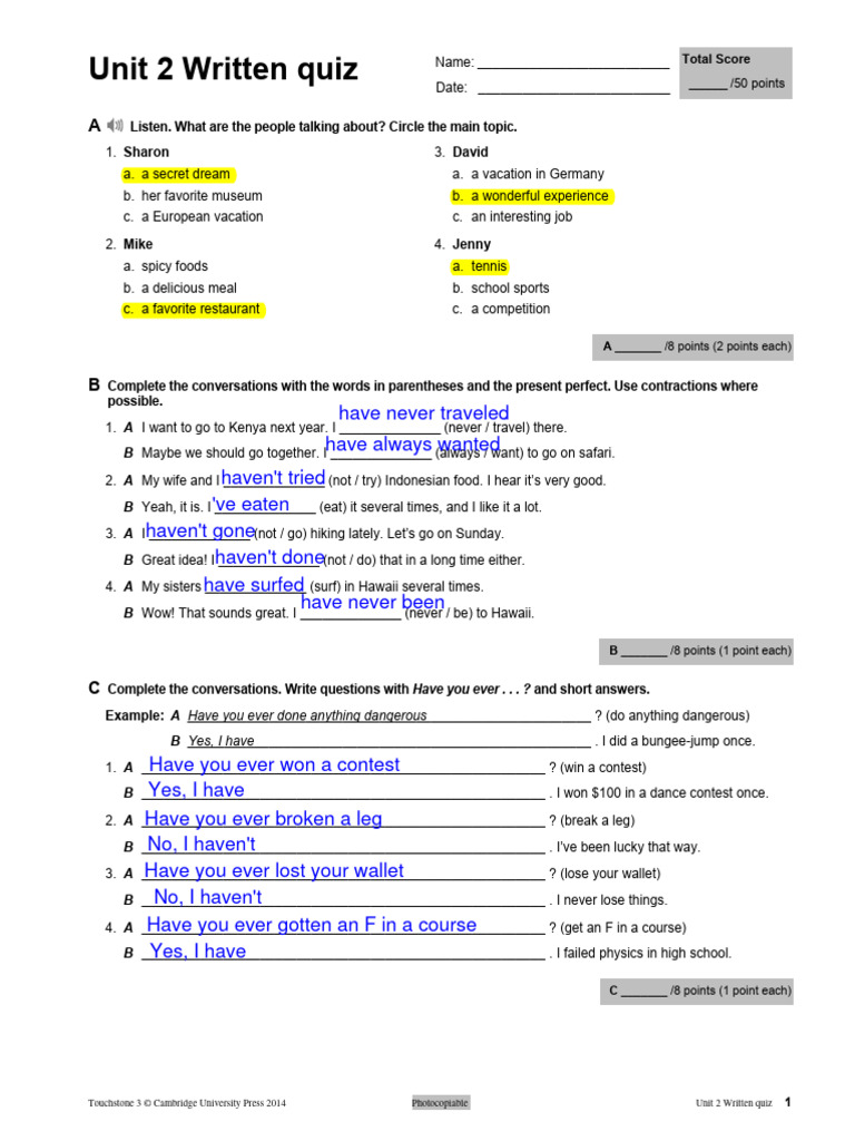 Touchstone 3 - 2nd Edition Quiz Unit 2 Answer | PDF