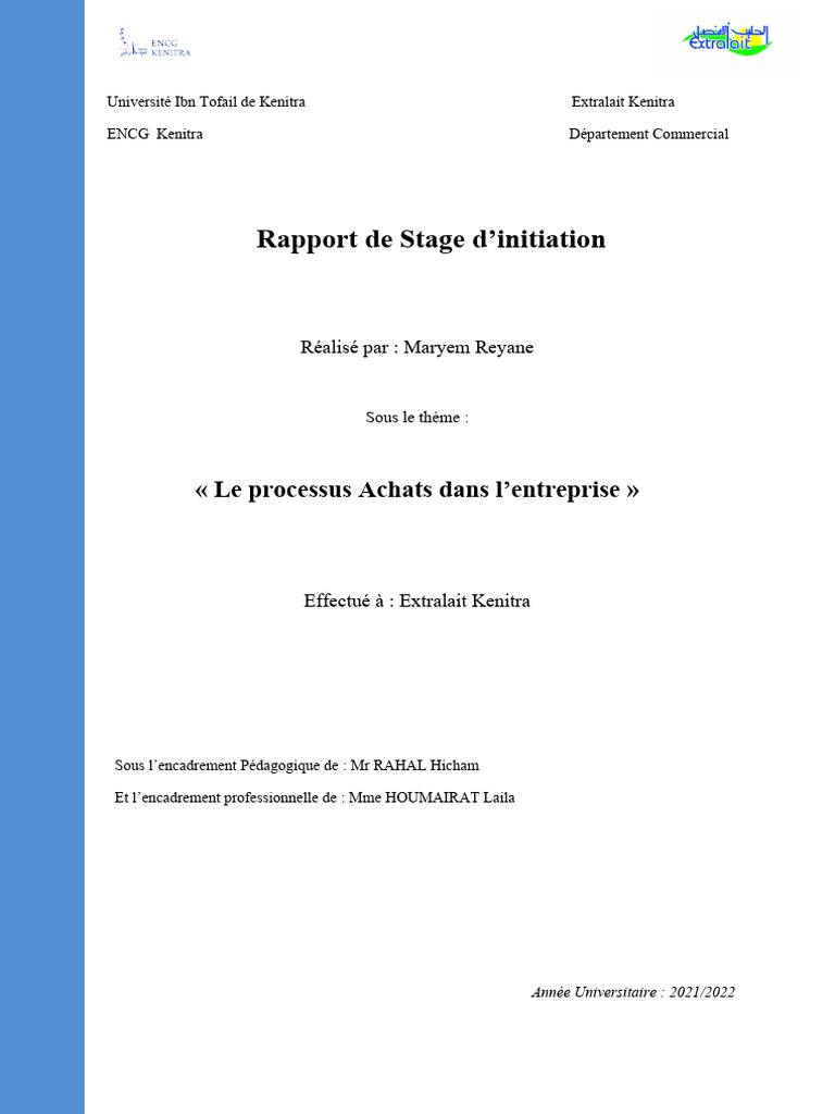 Rapport de Stage chez Extralait Kenitra | PDF | Lait | Crème (produit ...