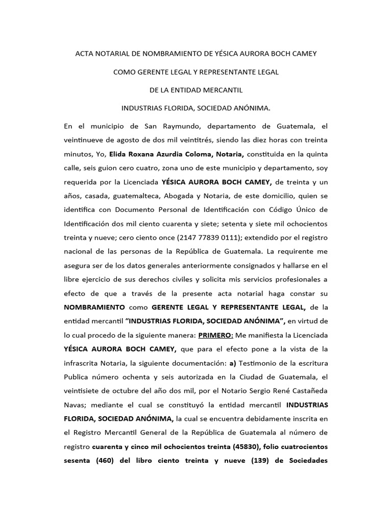 ACTA NOTARIAL DE NOMBRAMIENTO DE GERENTE LEGAL Y REPRESENTANTE LEGAL | PDF | Justicia | Crimen y ...