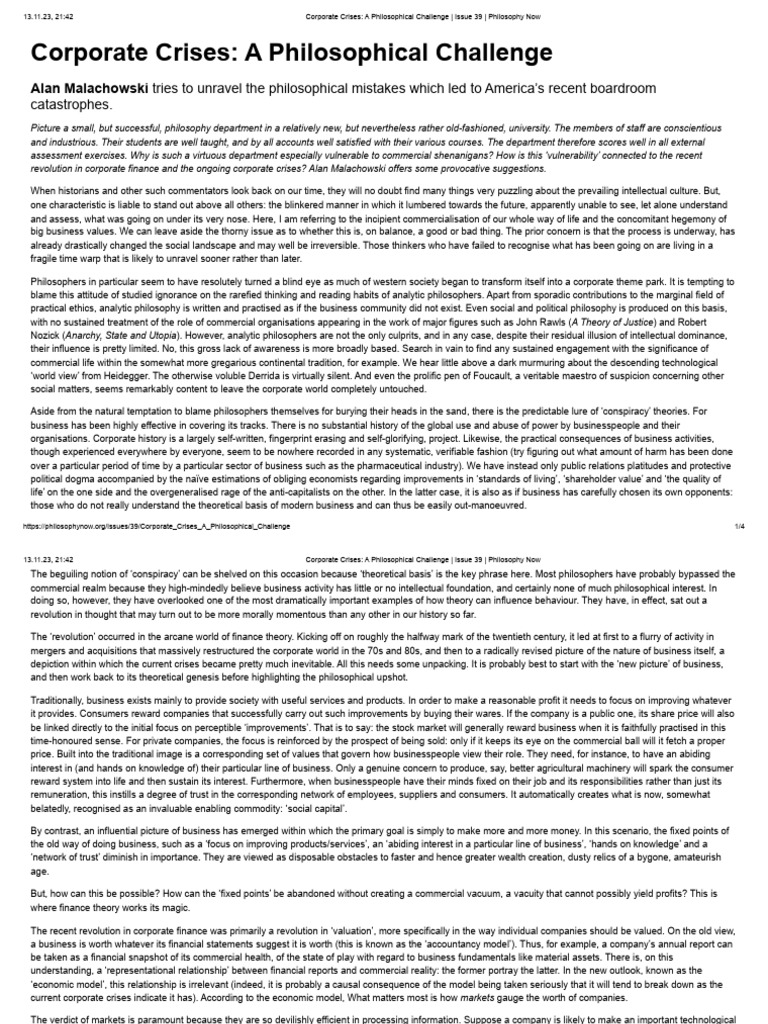 Corporate Crises - A Philosophical Challenge - Issue 39 - Philosophy ... Corporate Crises - A Philosophical Challenge - Issue 39 - Philosophy ...