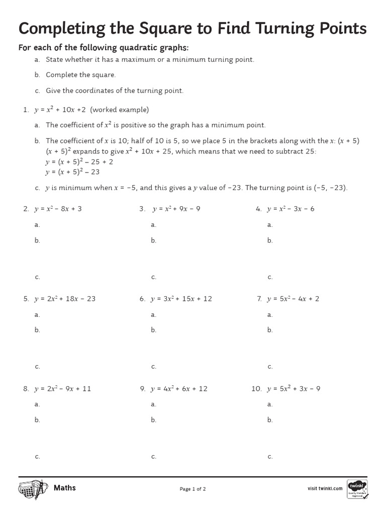 Lesson 1 Completing The Square To Find Turning Points Activity Sheet ...