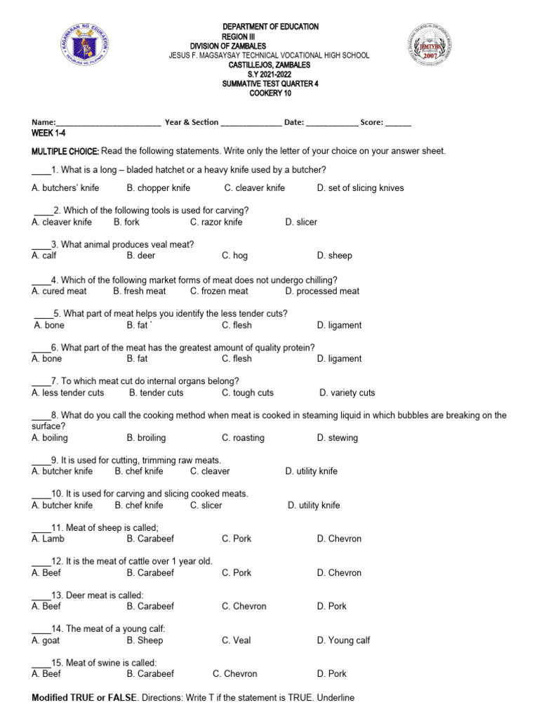 Cookery 10 Summative Test Quarter 4 | PDF | Meat | Knife