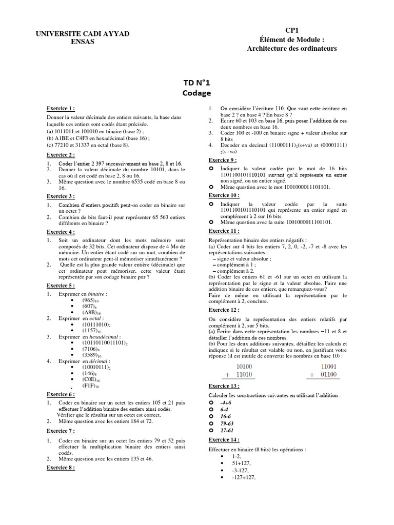 Exercices de codage binaire corrigés | PDF | Mathématiques | Arithmétique