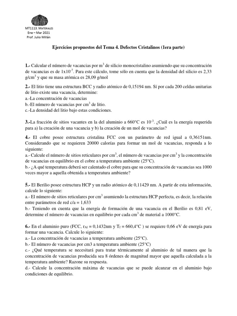 Ejercicios sobre Defectos Cristalinos | PDF | Dislocación | Ciencias ...