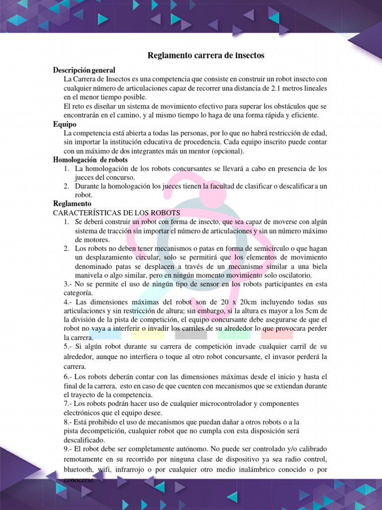Reglamento OLCyT Carrera de Insectos | PDF | Robot | Robótica
