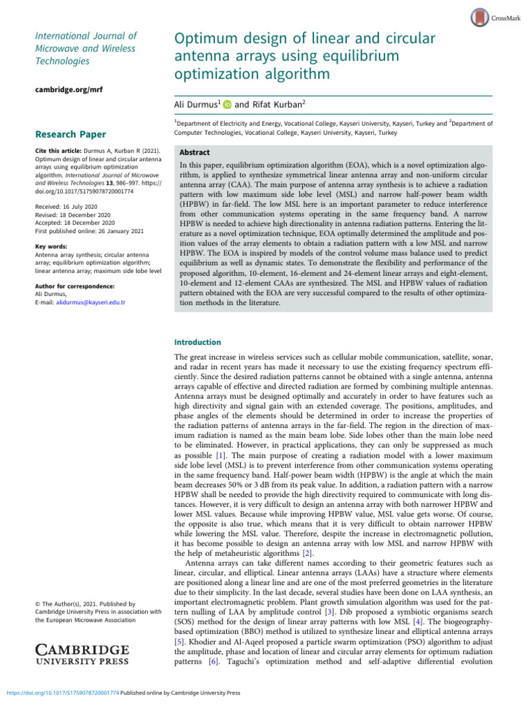 Optimum Design of Linear and Circular Antenna Arrays Using Equilibrium Optimization Algorithm ...