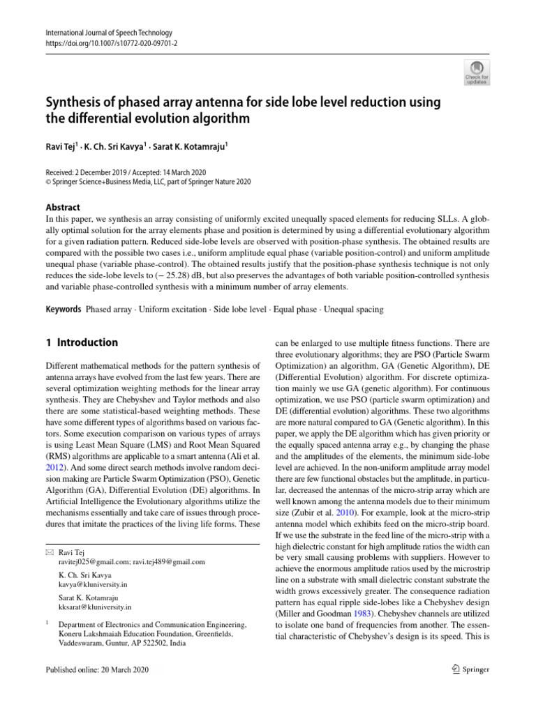 Synthesis of Phased Array Antenna For Side Lobe Level Reduction Using The Differential Evolution ...