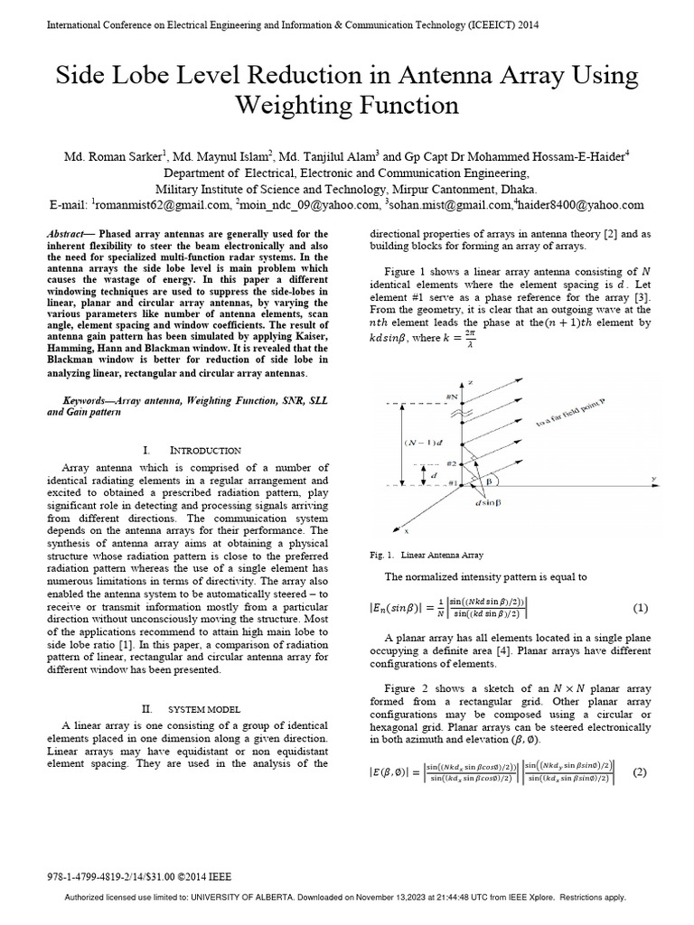 Side Lobe Level Reduction In Antenna Array Using Weighting Function Pdf Antenna Radio