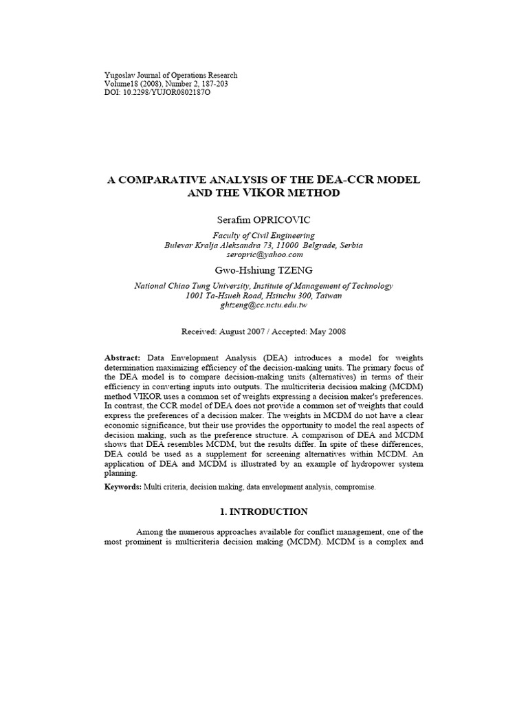 A Comparative Analysis of The DEA-CCR Model and The VIKOR Method | PDF ... A Comparative Analysis of The DEA-CCR Model and The VIKOR Method | PDF ...