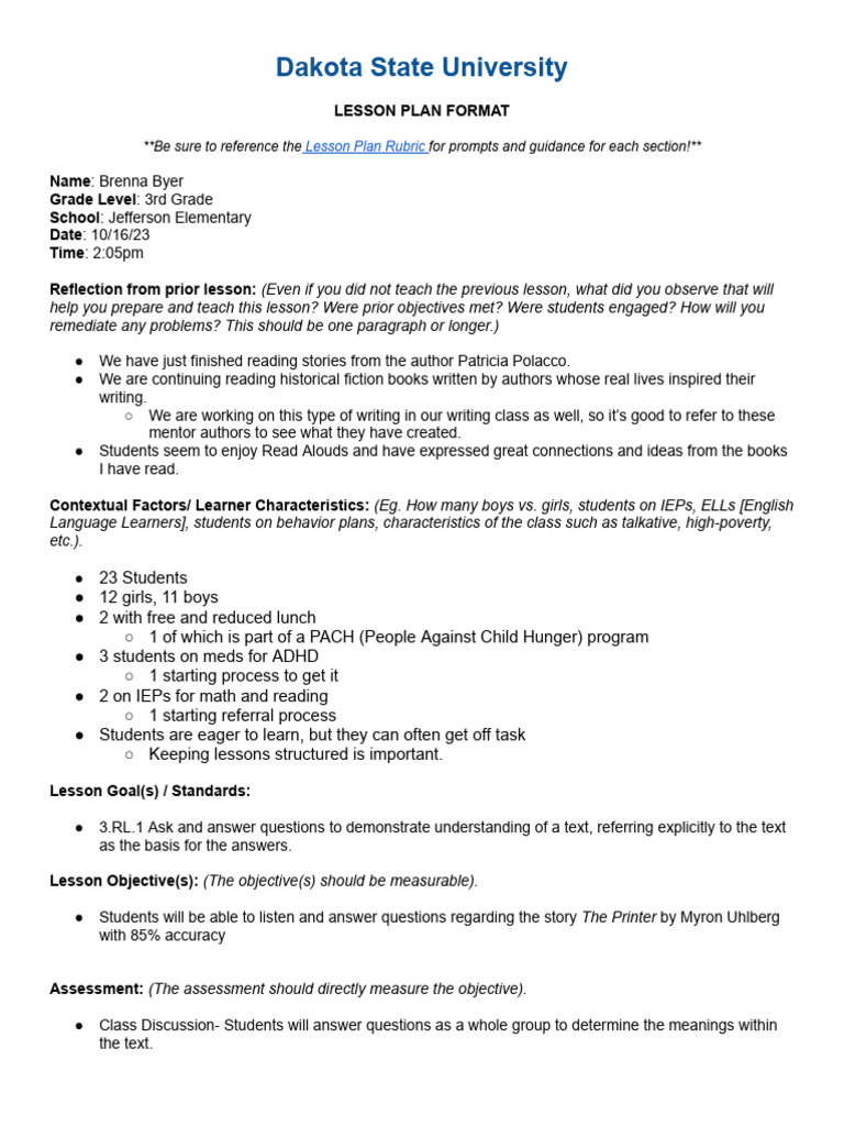 Read Aloud Lesson Plan Template | PDF | Experience | Lesson Plan