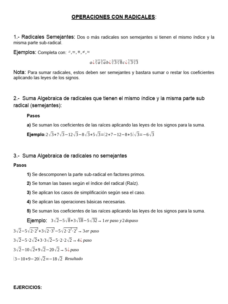 Operaciones con Radicales y Ejercicios | PDF | Matemáticas | Matemática ...