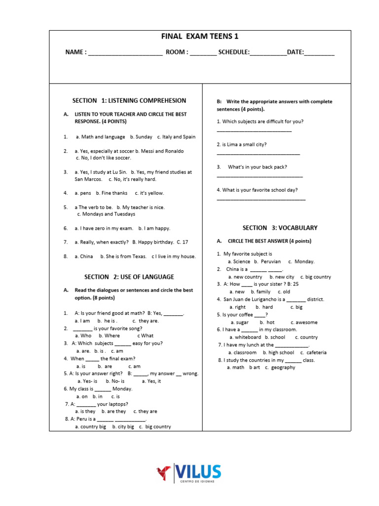 Final Exam Teens 1 Students | PDF | Learning