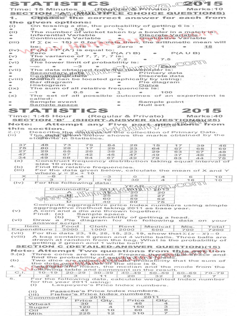 Past Papers 2015 Karachi Board ICom Part 2 Statistics English Version | PDF