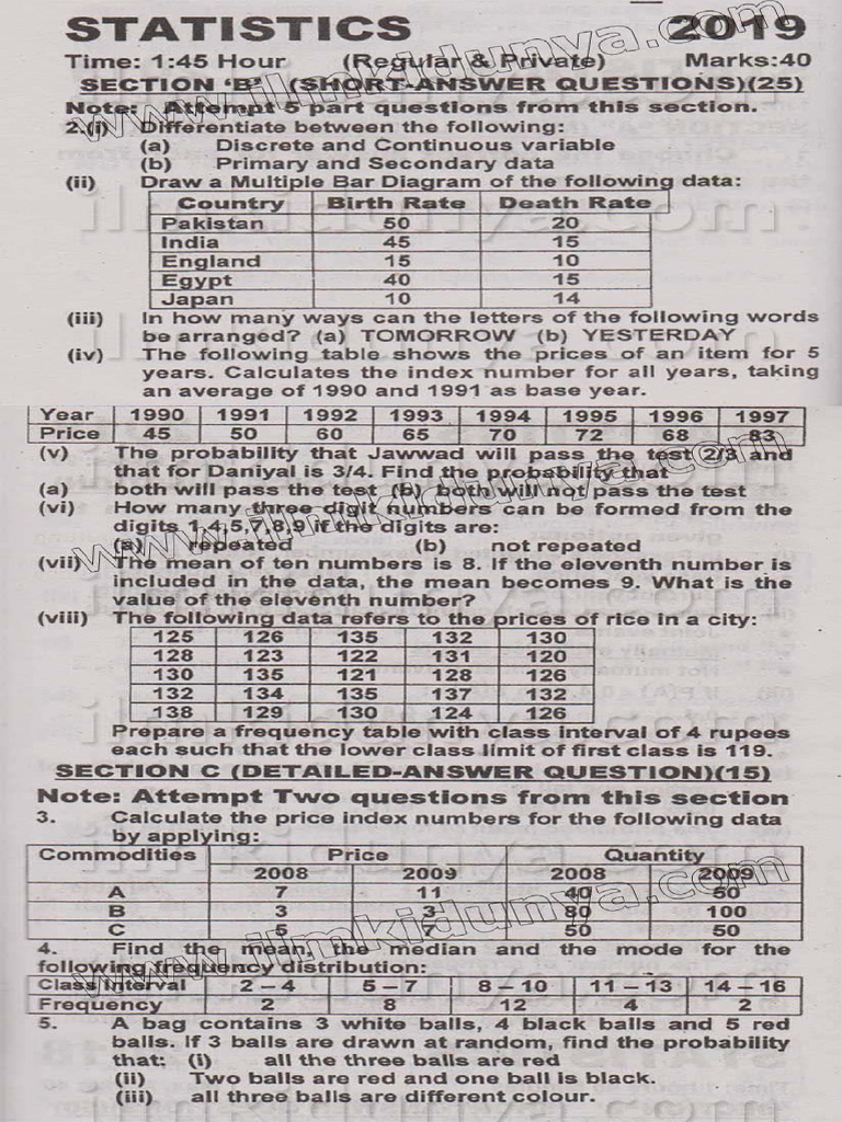 Past Paper 2019 Karachi Board Inter Part II Statistics Subjective English Medium | PDF