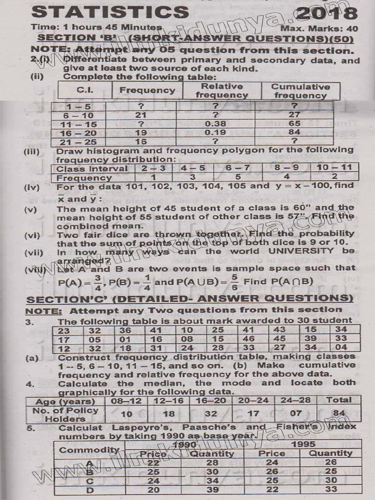 Past Paper 2018 Karachi Board Inter Part II Statistics Subjective English Medium | PDF