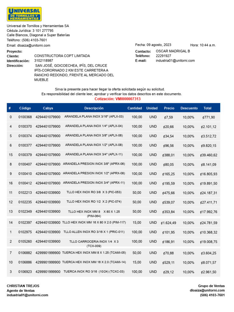 Cotización CONSTRUCTORA COPT LIMITADAN - VMI000007313 | PDF