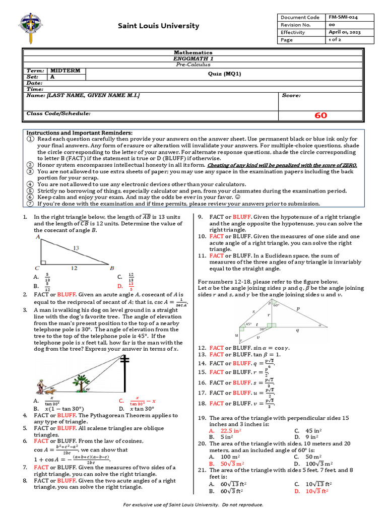 FM-SMI-024 EnggMath1 MQ1 (Answer Key) | PDF | Triangle | Trigonometric ...