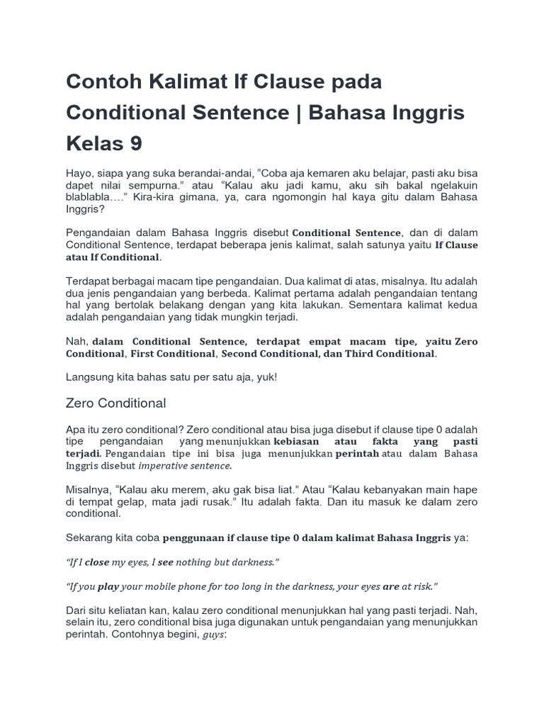 Contoh Kalimat If Clause pada Conditional Sentence | PDF