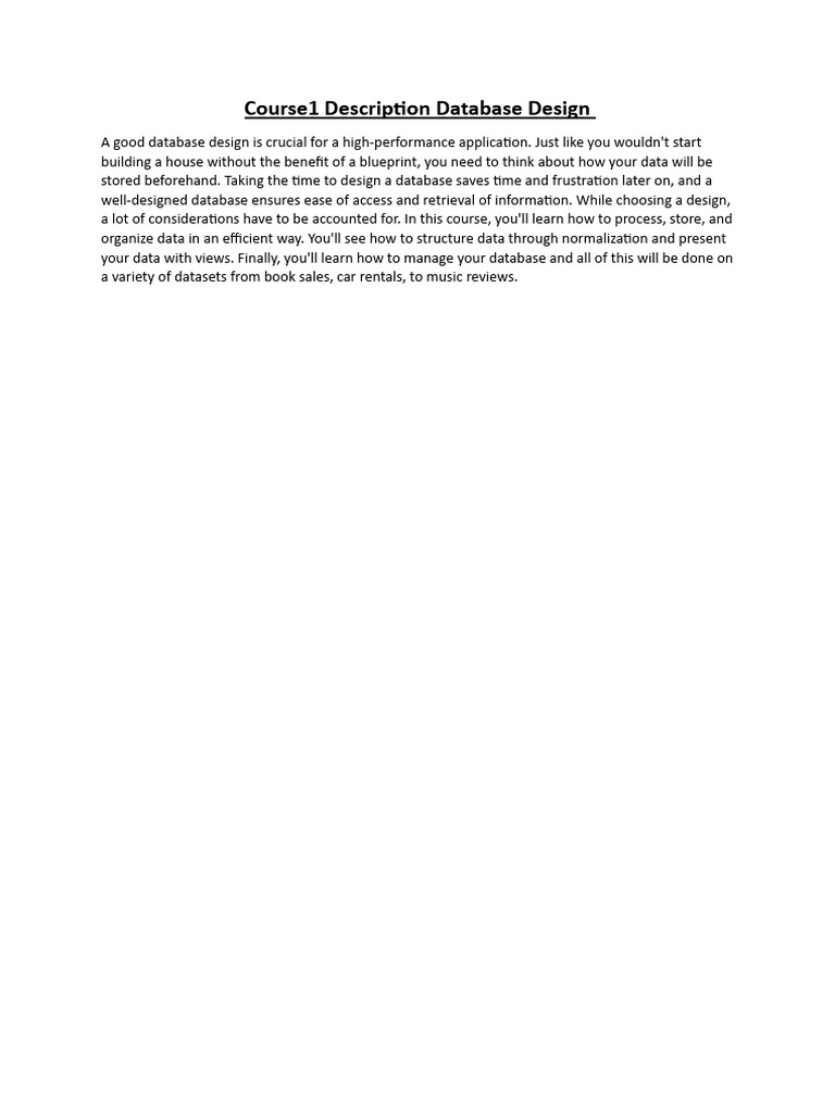 Course1 Description Database Design Pdf Database Design Data Warehouse