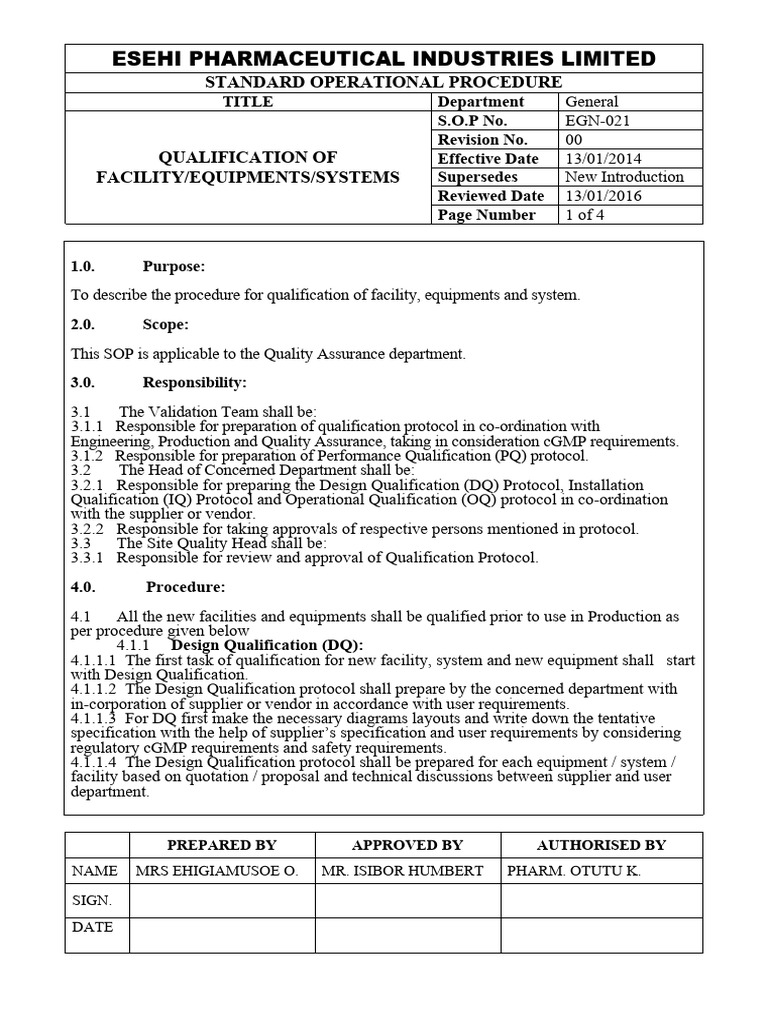 Facility and Equipment Qualification SOP | PDF | Verification And ...